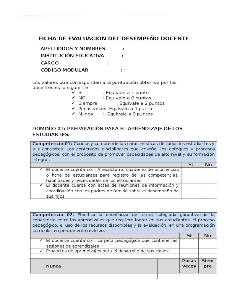 Ficha de Evaluación Docente VRV | PDF | Maestros | Evaluación