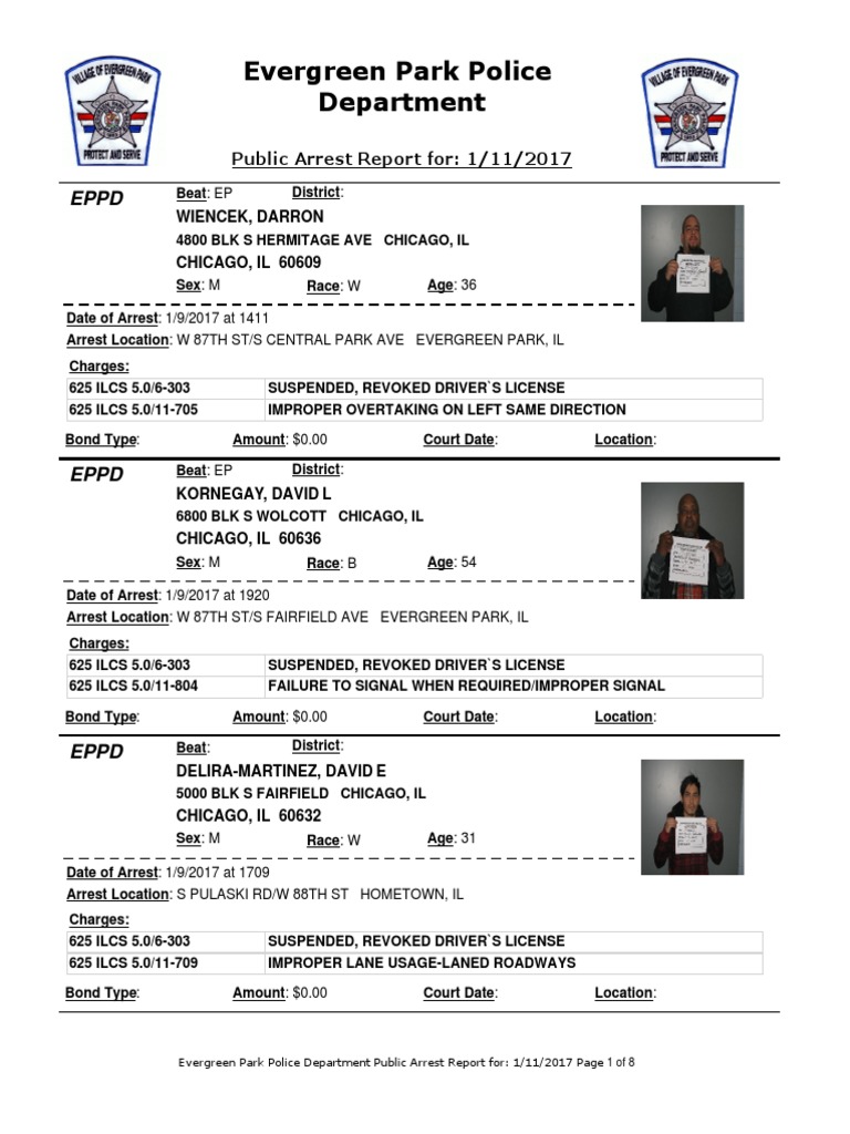 Evergreen Park Arrests 1/11/2017 | PDF | Driver's License | Transport ...
