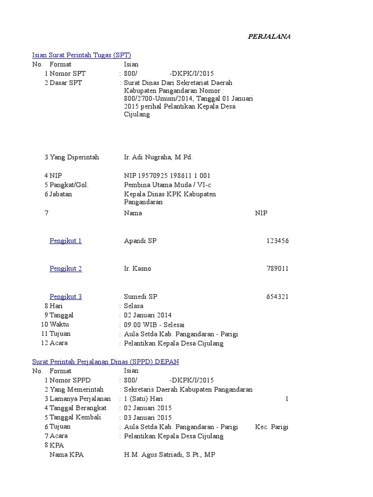 Contoh Format SPJ Perjalanan Dinas SPPD | PDF