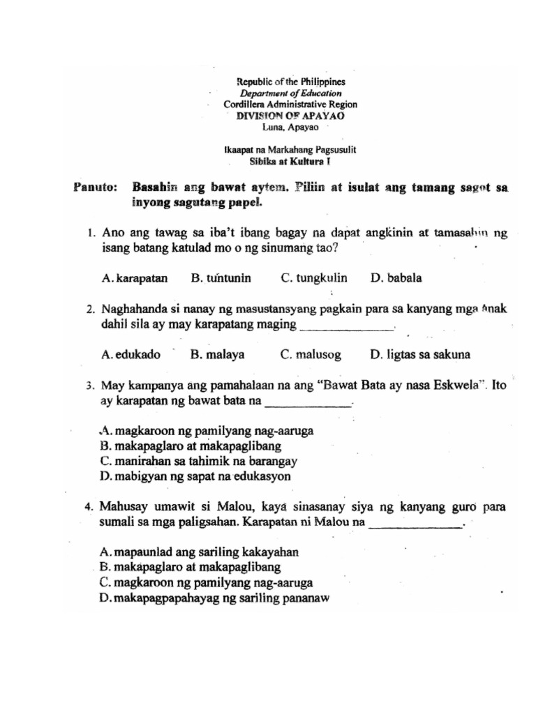SIBIKA AT KULTURA I - 4th Grading Test | PDF