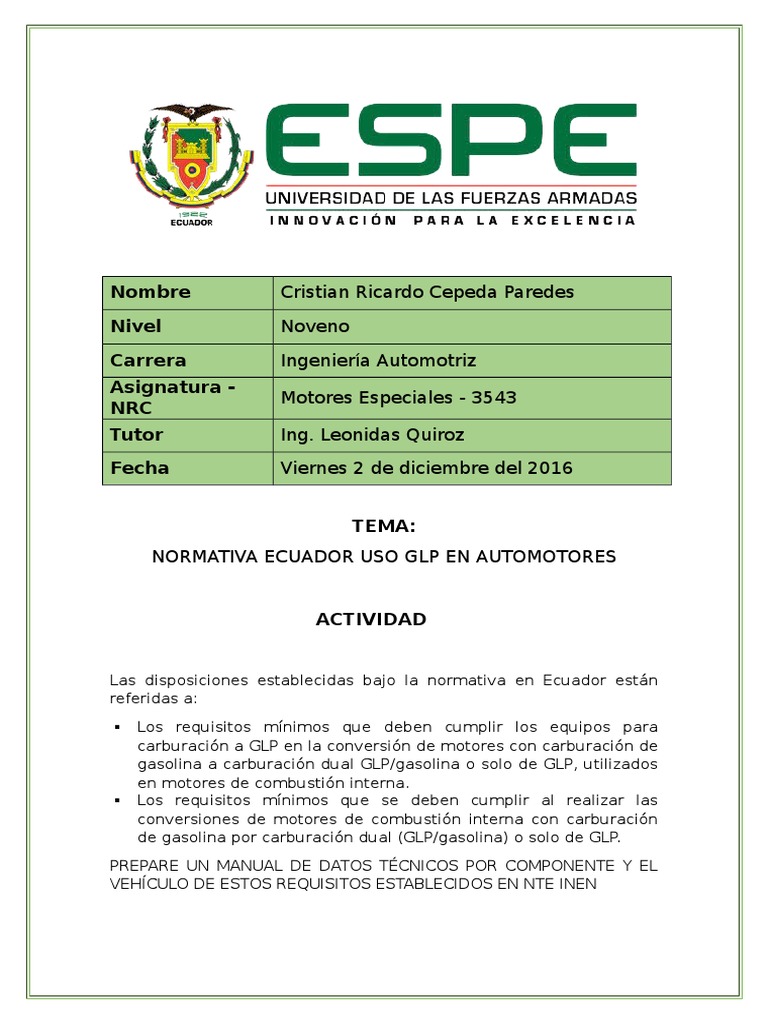 Normativa Ecuador Uso GLP en Automotores | PDF | Combustibles | Gasolina