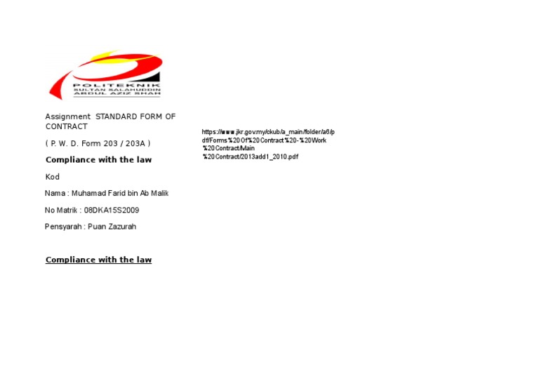 Assignment Standard Form of Contract (P. W. D. Form 203 / 203A) | PDF