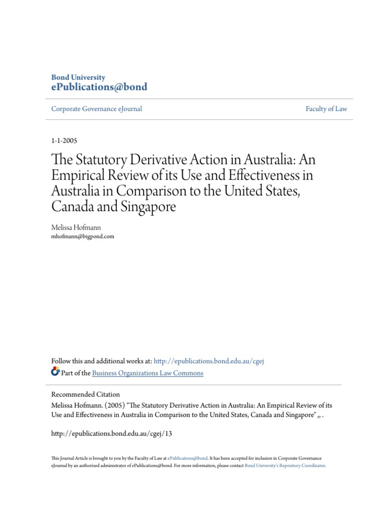 The Statutory Derivative Action in Australia | PDF | Costs In English ...