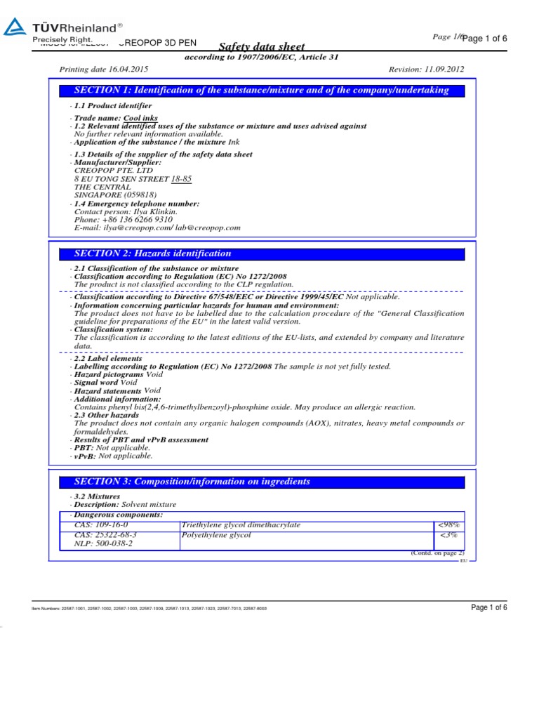 Creopop Cool Inks MSDS | PDF | Dangerous Goods | Safety