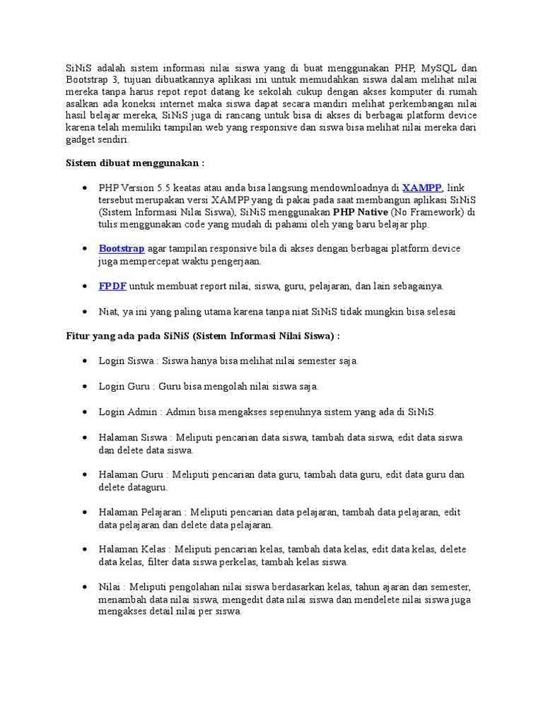 SiNiS Adalah Sistem Informasi Nilai Siswa Yang Di Buat Menggunakan PHP | PDF