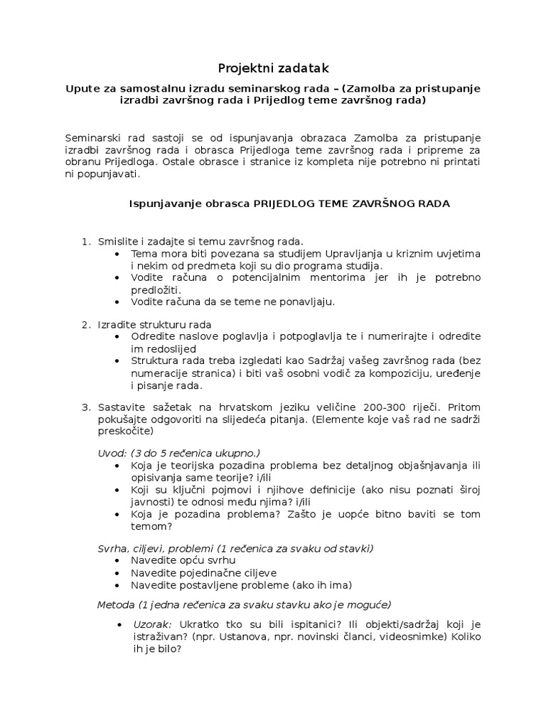 Upute Za Izradu Prijedloga Teme Zavrsnog Rada (Seminarski Rad) | PDF