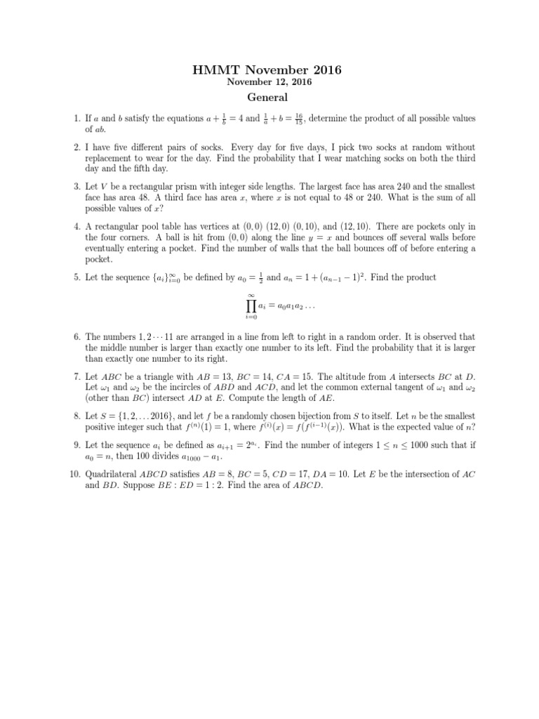 HMMT November 2016 Math Problems | PDF