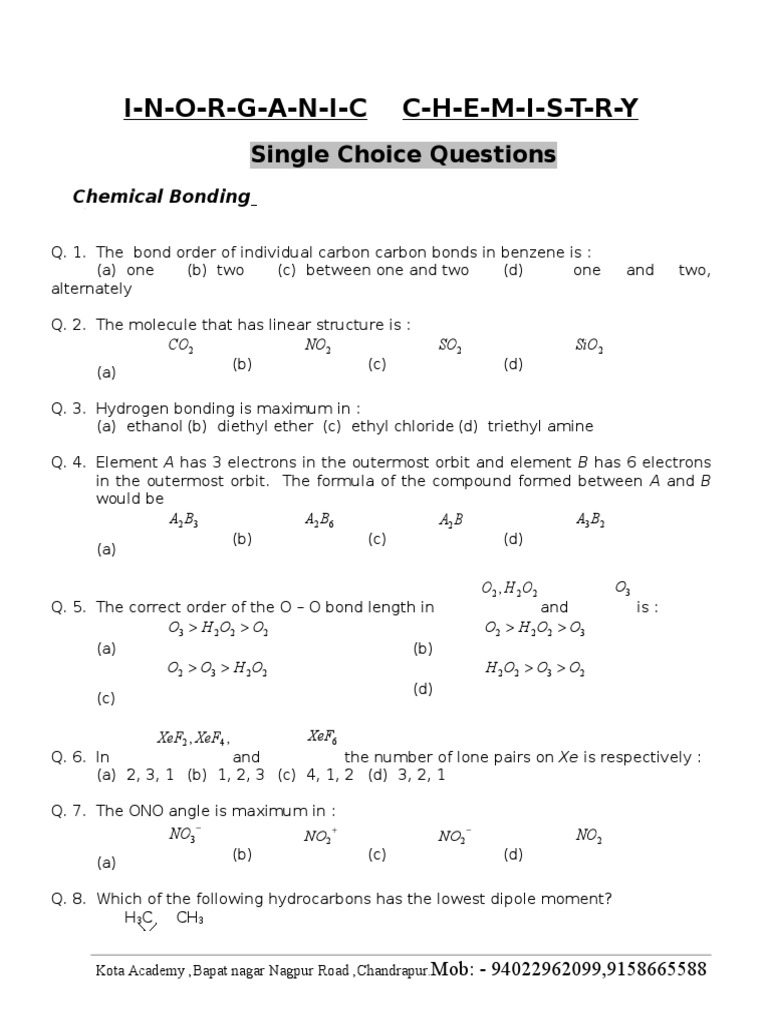 Single Choice and Multiple Choice Questions on Chemical Bonding, s ...