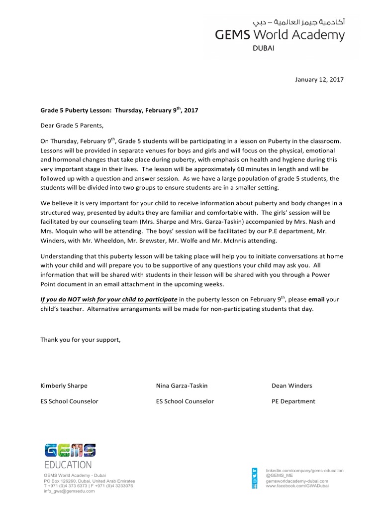 GR 5 Puberty Parent Letter 2016-17 | PDF