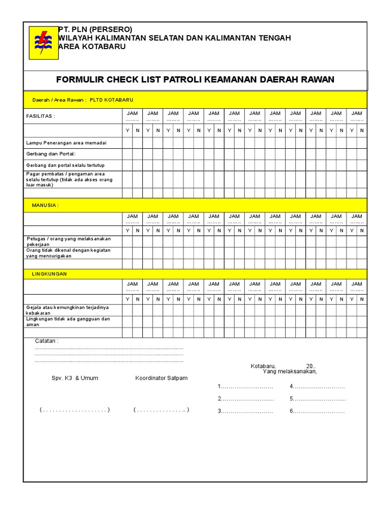 Form Check List Patroli Keamanan Daerah Rawan Area Kotabaru | PDF