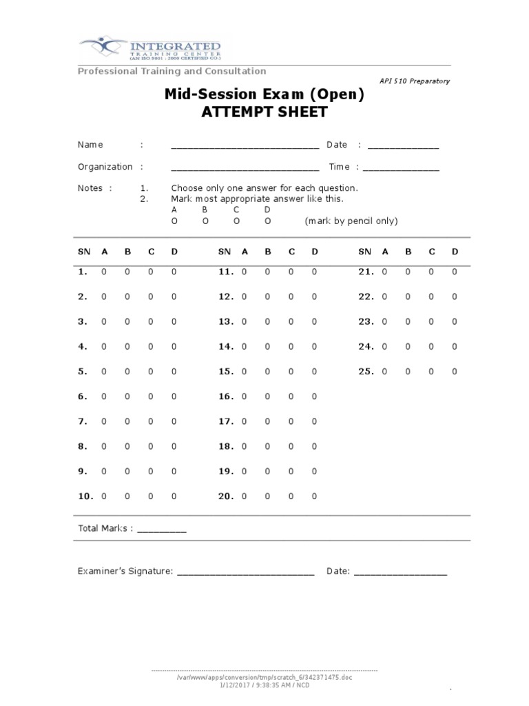 Mid-Session Exam (Open) Attempt Sheet: Professional Training and ...