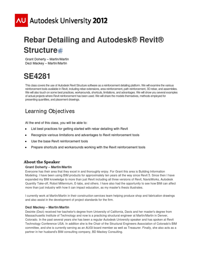 AU 2012 Rebar Detailing and Autodesk Revit Structure | PDF | Autodesk ...