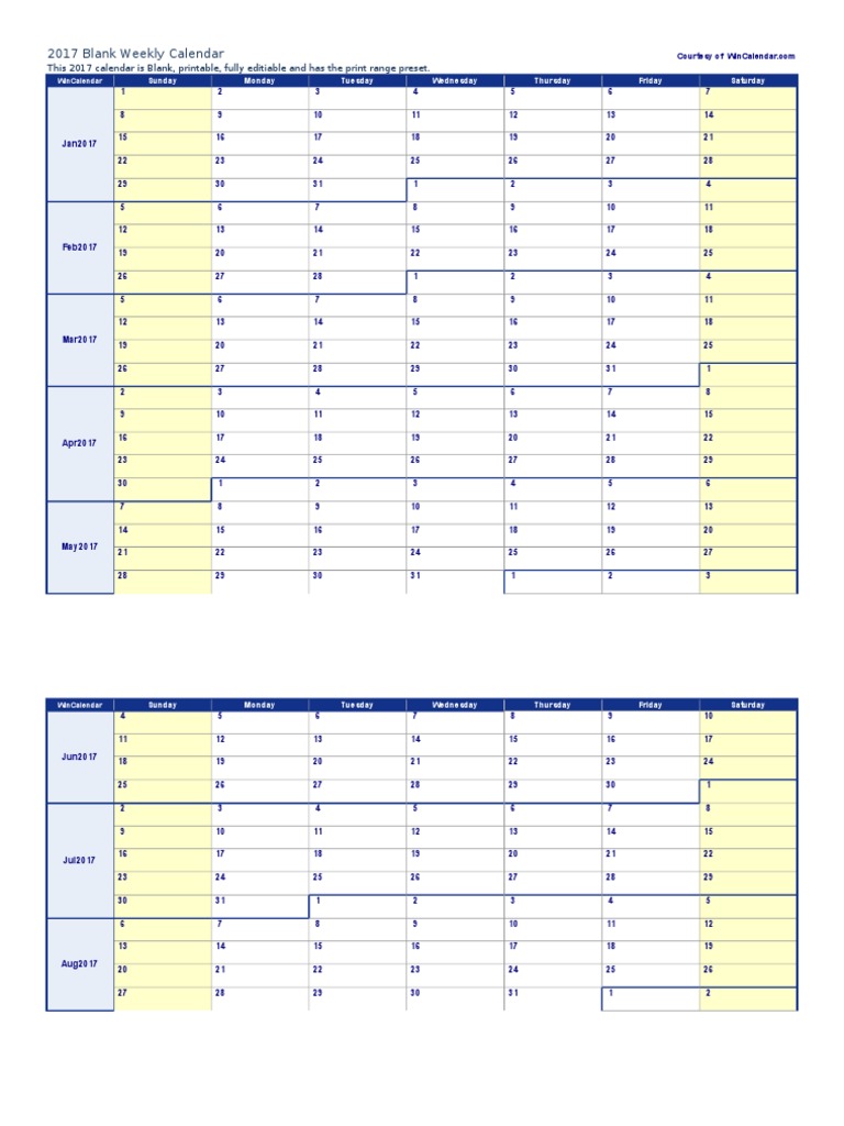Blank Editable 2017 Weekly Calendar from WinCalendar | PDF