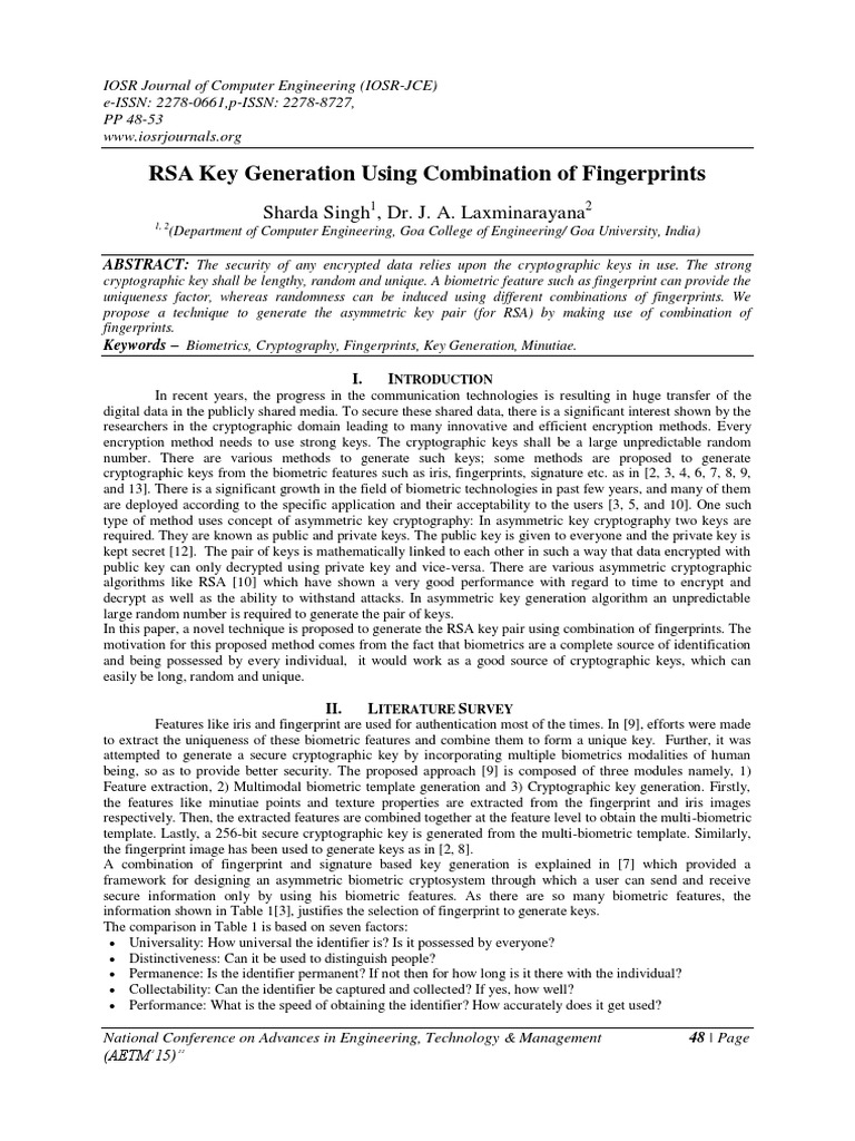 RSA Key Generation Using Combination of Fingerprints: Sharda Singh, Dr ...