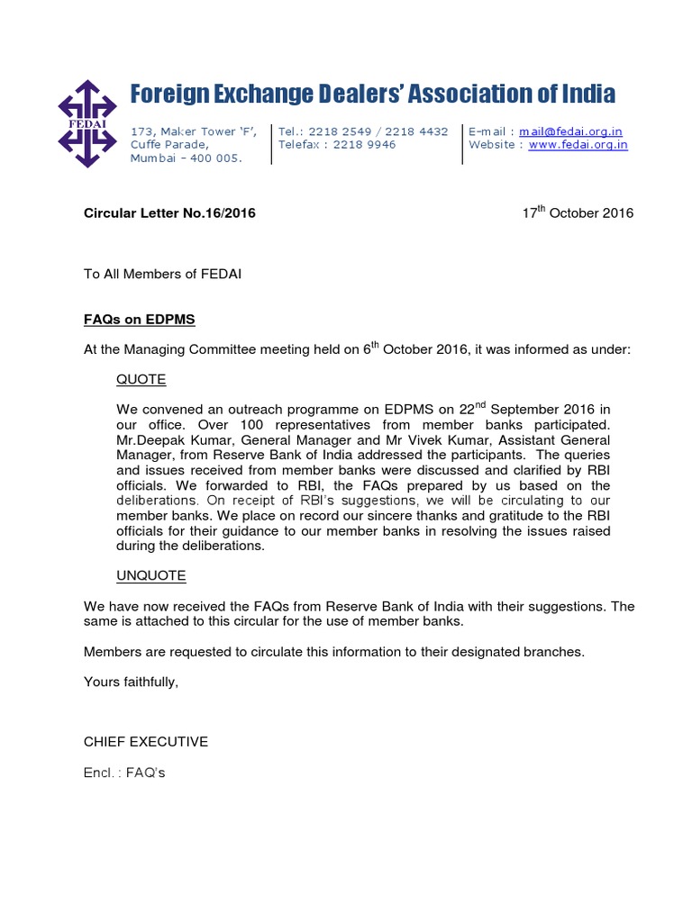 Circular Letter No 16 2016 17 OCT FAQs EDPMS | Reserve Bank Of India ...