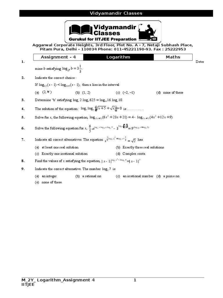 IITJEE Logarithm Assignment | PDF | Teaching Methods & Materials