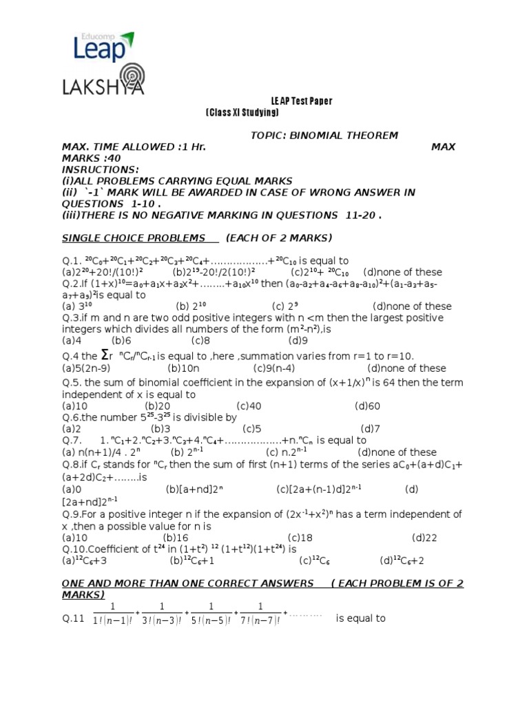 Practice Test Paper Binomial Theorem Iit Level | PDF | Rational Number ...