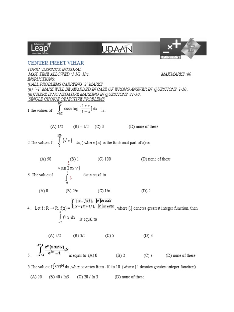 Practice Test Paper Definite Integral-Iit Level | PDF | Mathematical ...