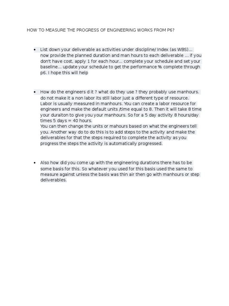 Measuring Engineering Progress in P6 | PDF
