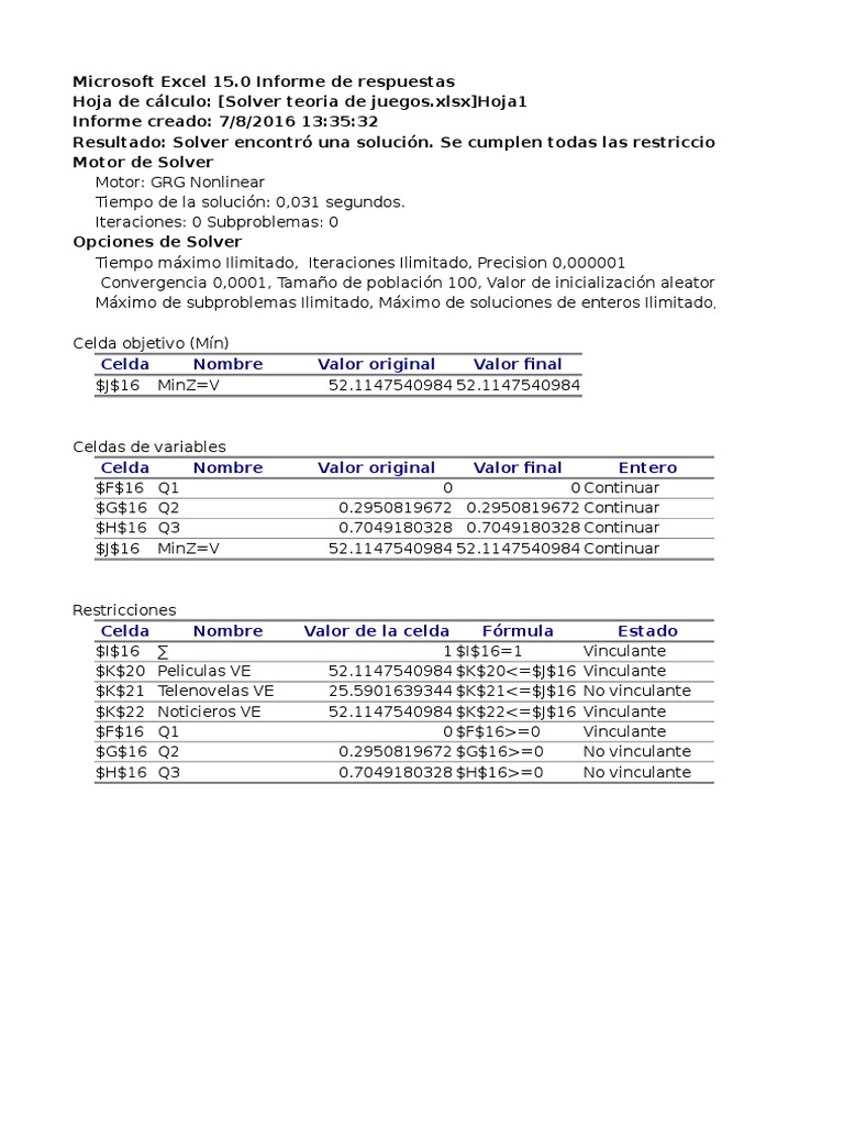 Solver Teoria de Juegos | PDF | Microsoft Excel | Matemáticas Aplicadas