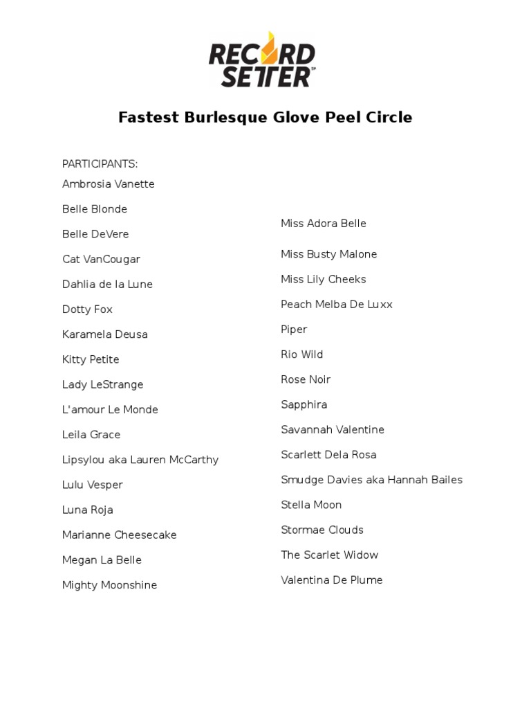 Fastest Burlesque Glove Peel Circle World Record Participants | PDF ...