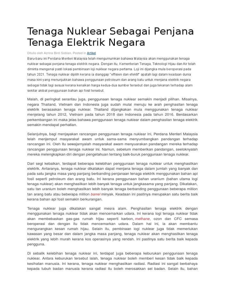 Tenaga Nuklear Sebagai Penjana Tenaga Elektrik Negara | PDF ...