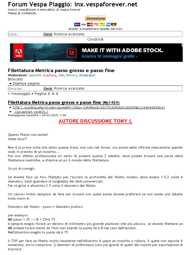 Filettatura Metrica Passo Grosso e Passo Fine | PDF