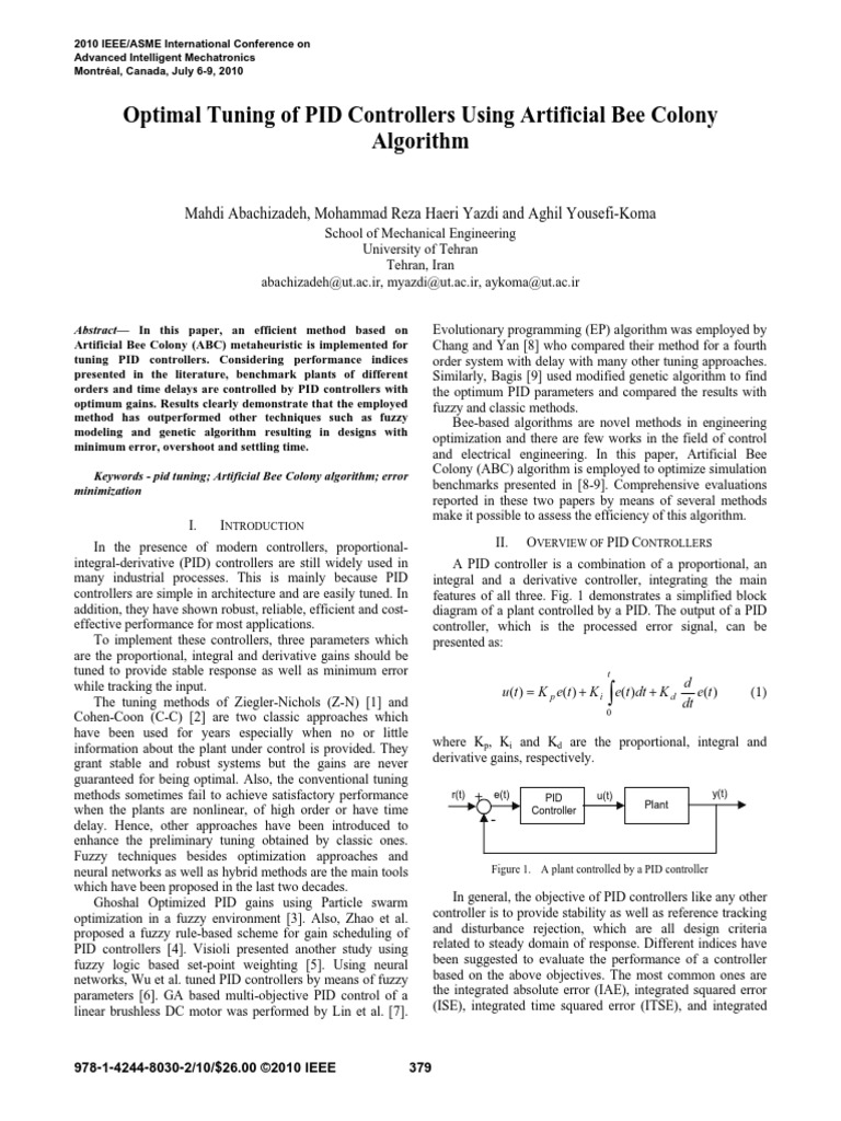 Optimal Tuning of PID Controllers Using Artificial Bee Colony Algorithm ...