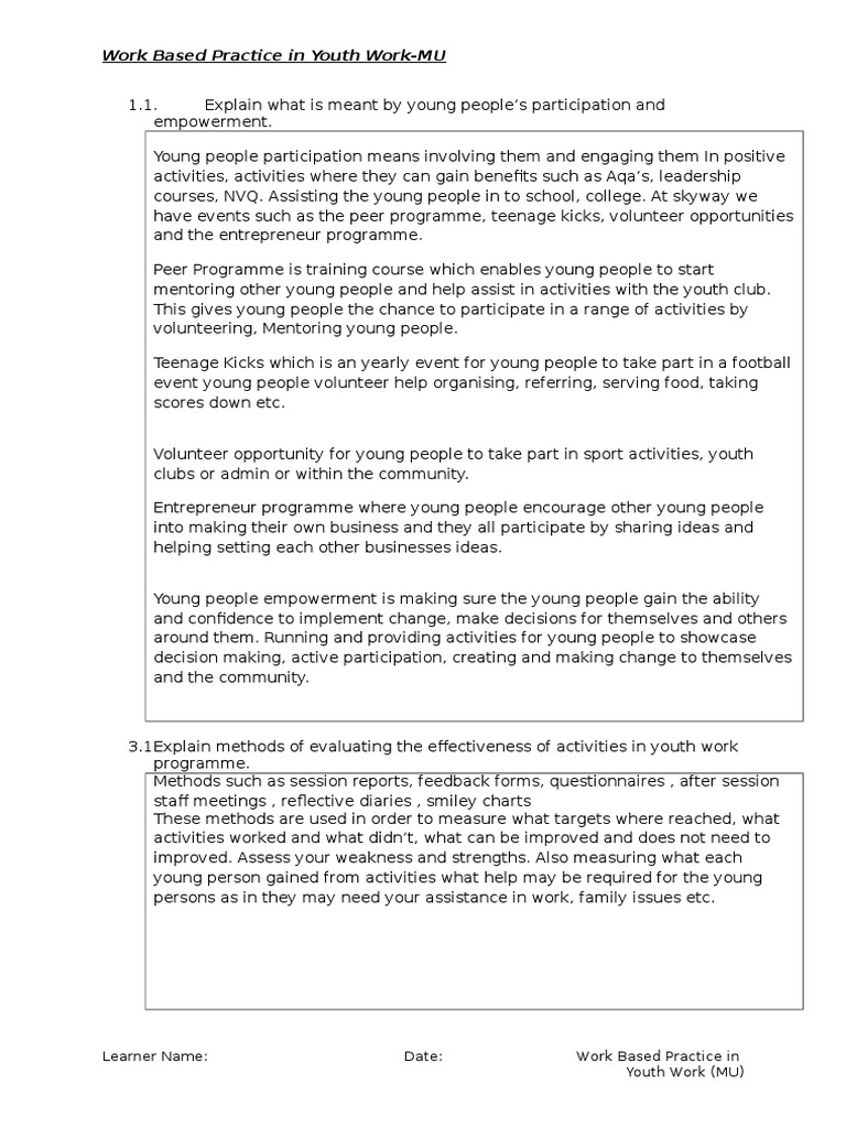 Completed Work-Based Practice in Youth Work | PDF