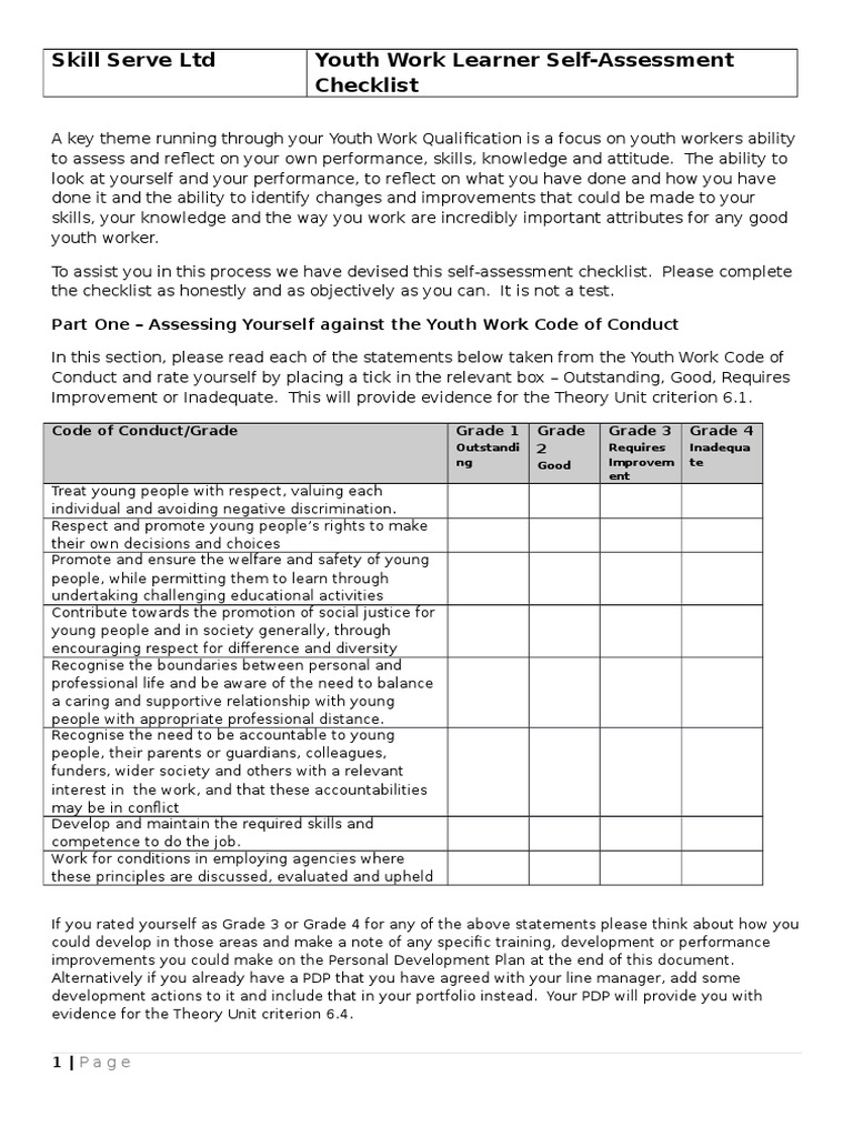 Self Assessment Checklist and PDP-YW V2 140515 | Educational Assessment ...