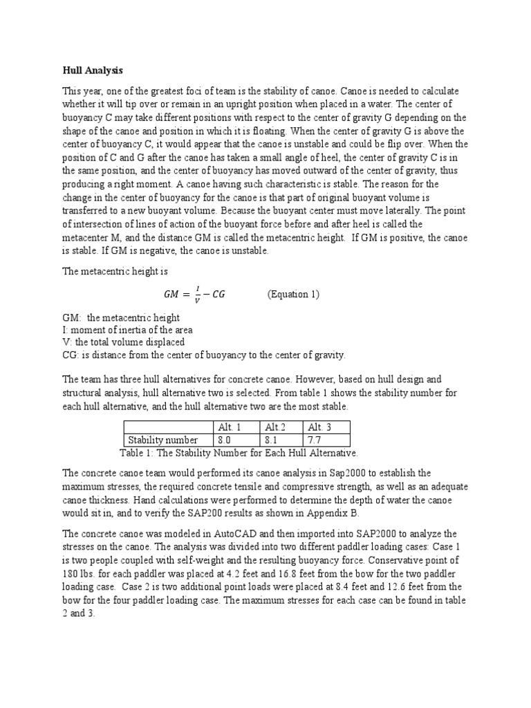Stability and Stress Analysis of Concrete Canoe Hull Designs | PDF ...