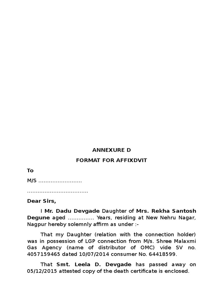 Annexure D Format For Affixdvit To | PDF
