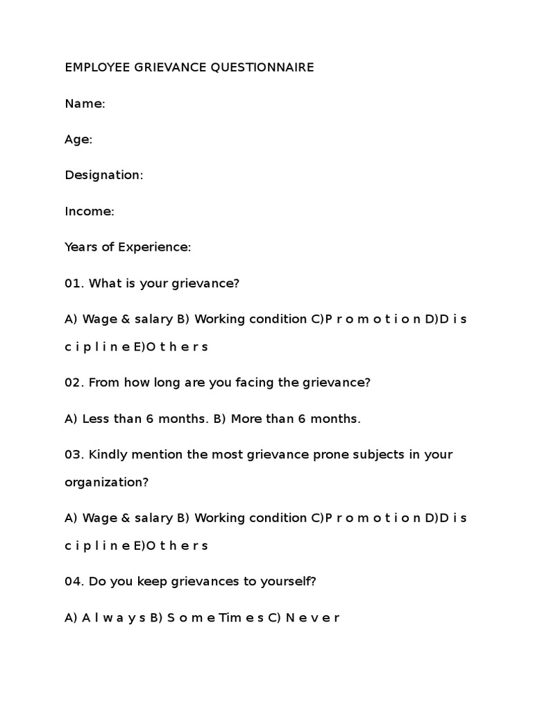 Employee Grievance Questionnaire | PDF