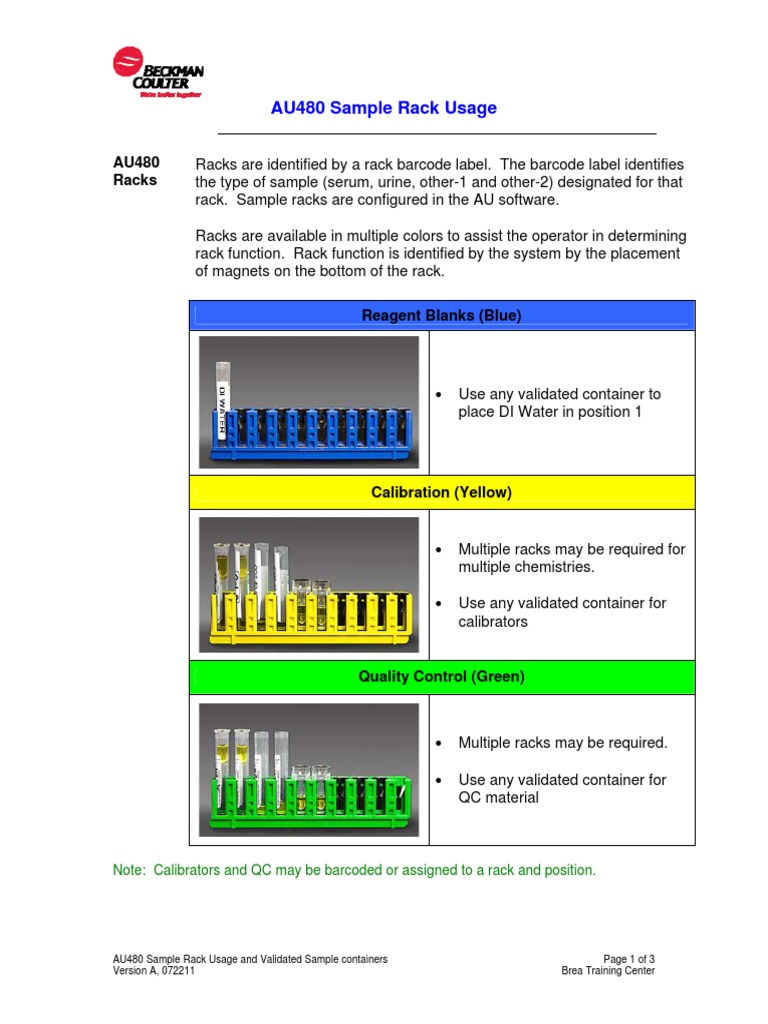 AU480 Sample Rack Usage Guide: An Overview of Sample Rack Functions, Validated Sample Containers ...