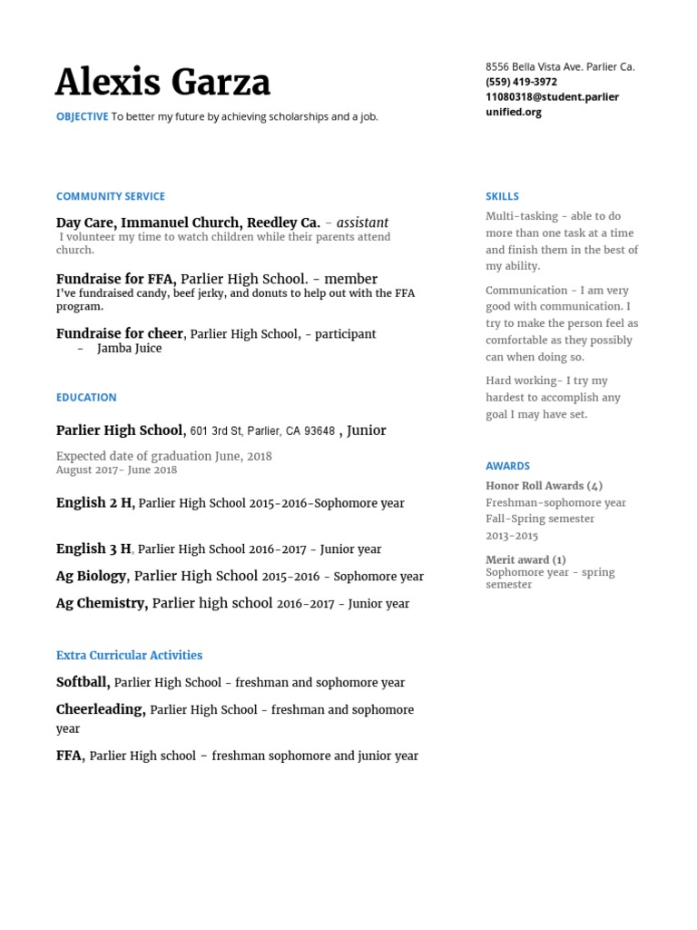 Alexis Garza's High School Resume | PDF | Career & Growth | Cooking ...