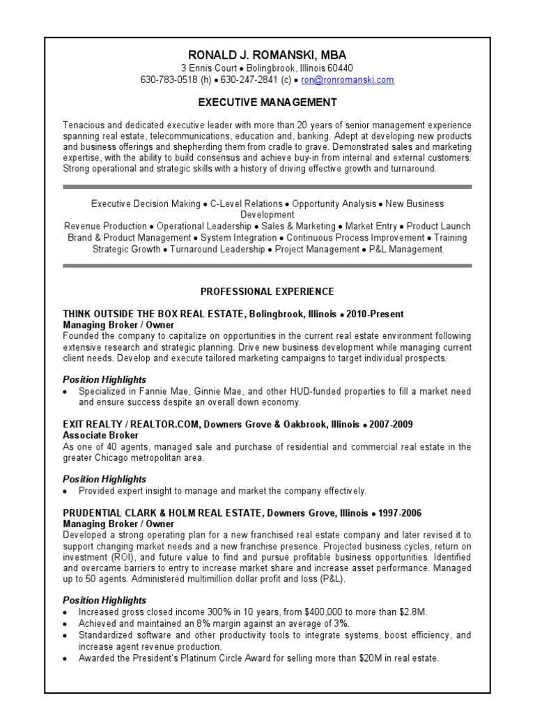Executive Profile: Ronald J. Romanski, MBA | PDF | Real Estate Broker ...