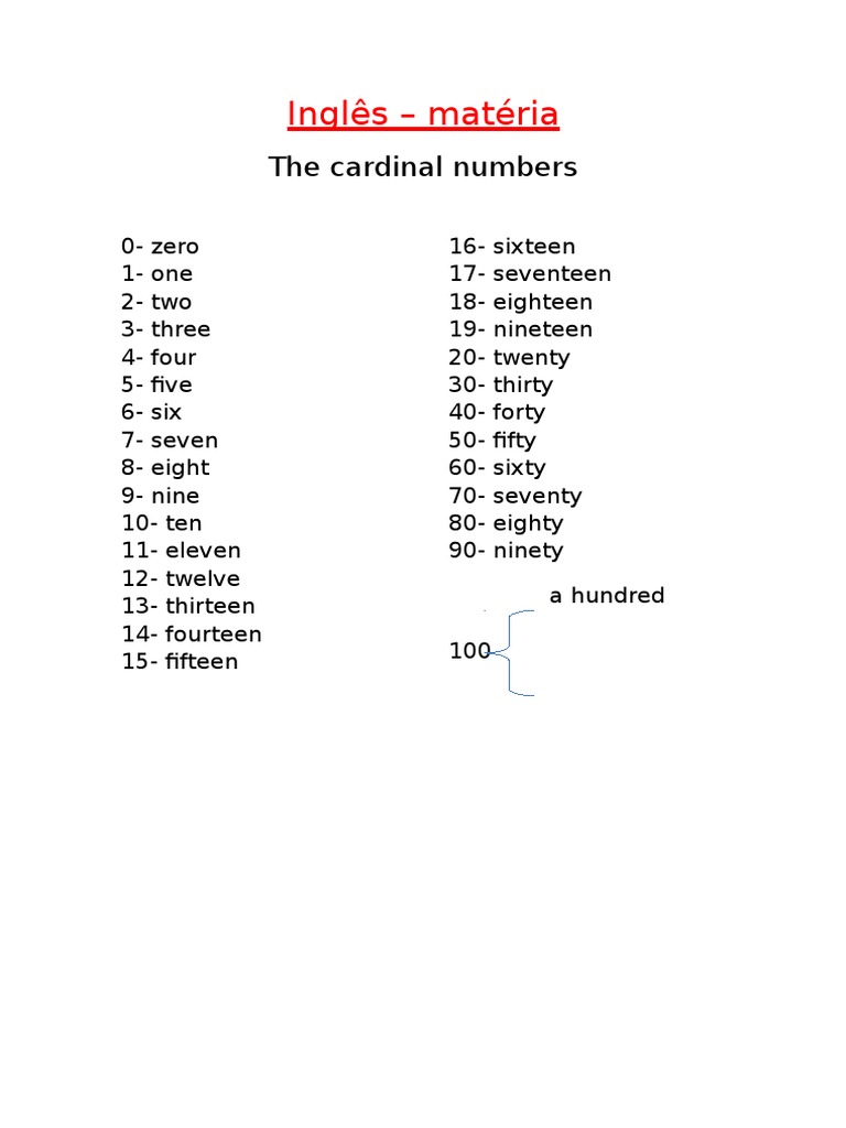 Inglês - Matéria: The Cardinal Numbers | PDF