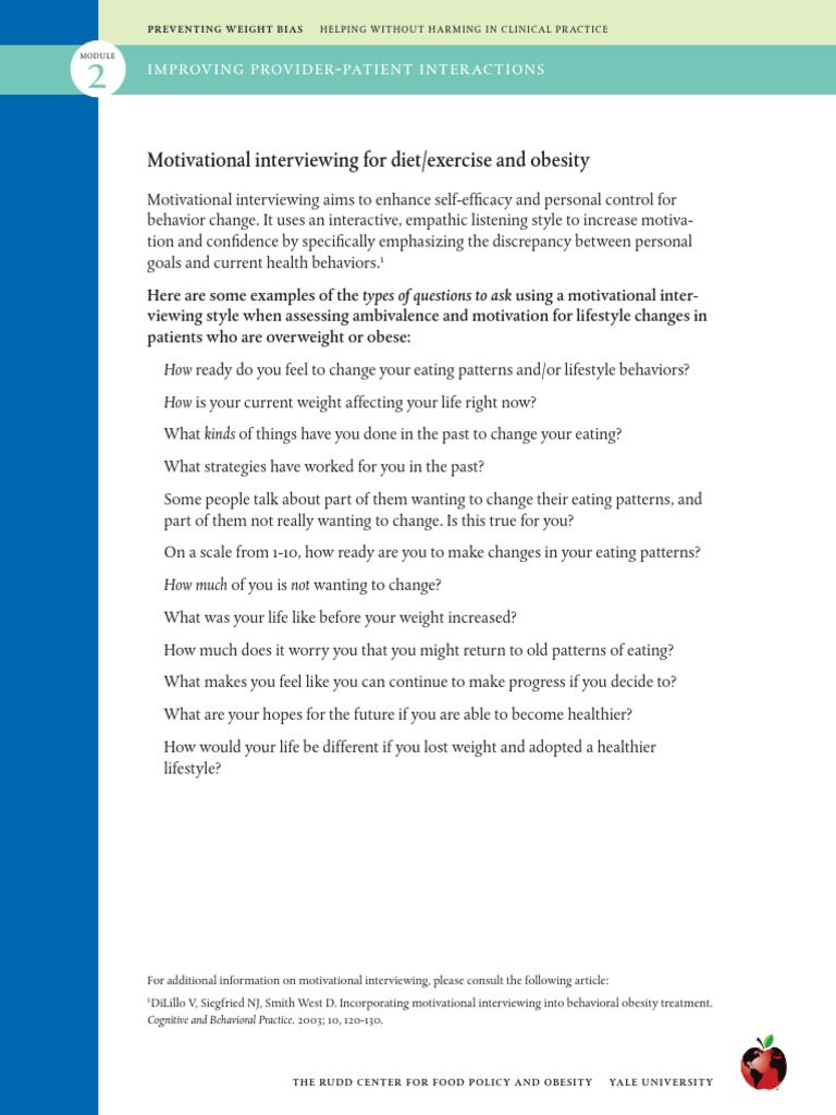 Motivational Interviewing For Diet/exercise and Obesity: Improving ...