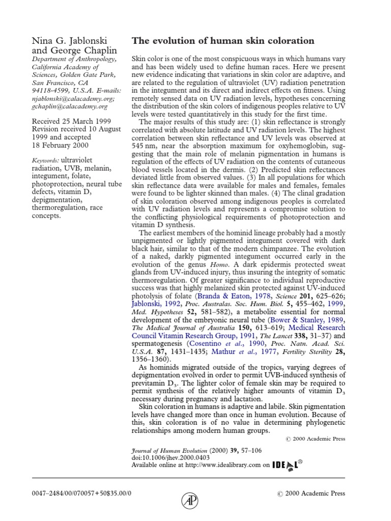 The Evolution of Skin Coloration | PDF | Electromagnetic Radiation ...