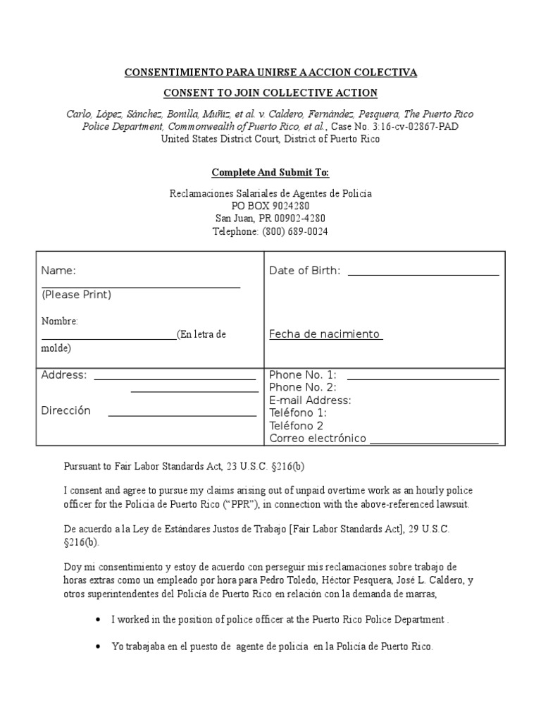 Consent To Join Form/Consentimiento para Unirse A Demanda Federal Policía de P.R. | PDF | Accion ...
