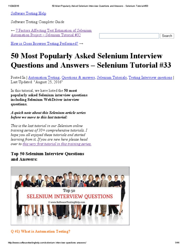 50 Most Popularly Asked Selenium Interview Questions and Answers - Selenium Tutorial #33 | PDF ...