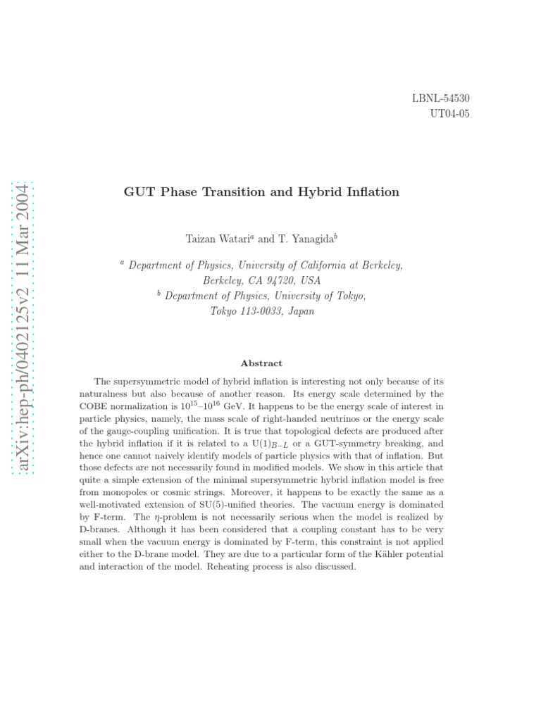 GUT Phase Transition and Hybrid Inflation: LBNL-54530 UT04-05 | PDF ...