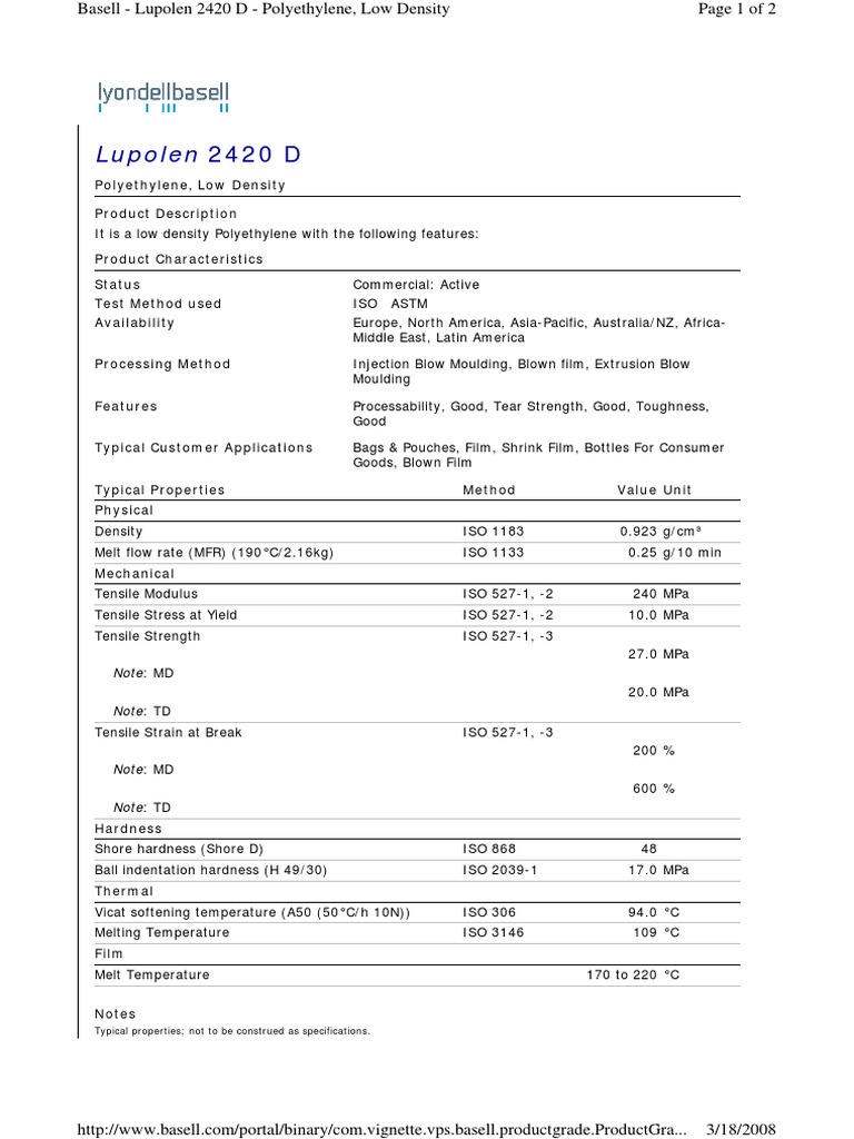Pebd Film Lupolen 2420d | PDF | Polyethylene | Hardness