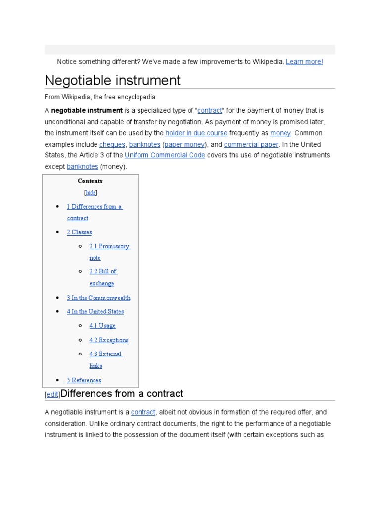 Negotiable Instrument: Differences From A Contract | Download Free PDF ...