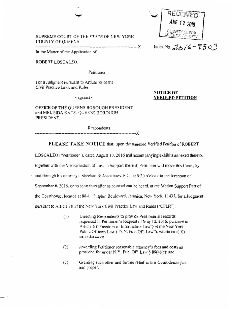 Article 78 Petition Against Queens Borough President | PDF | Costs In ...