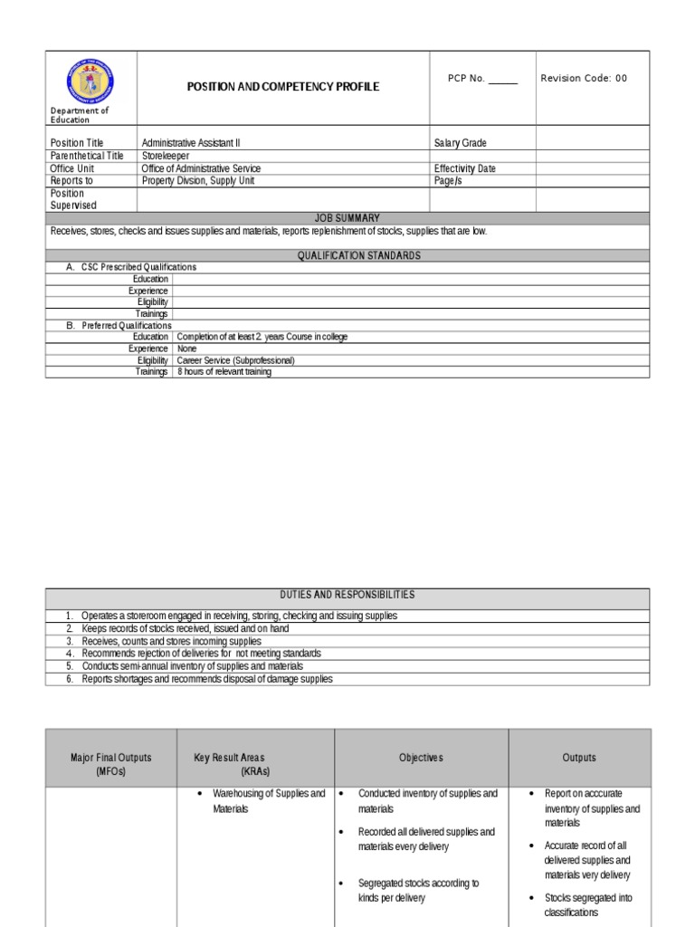 PCP Storekeeper Position Profile | PDF | Inventory | Warehouse