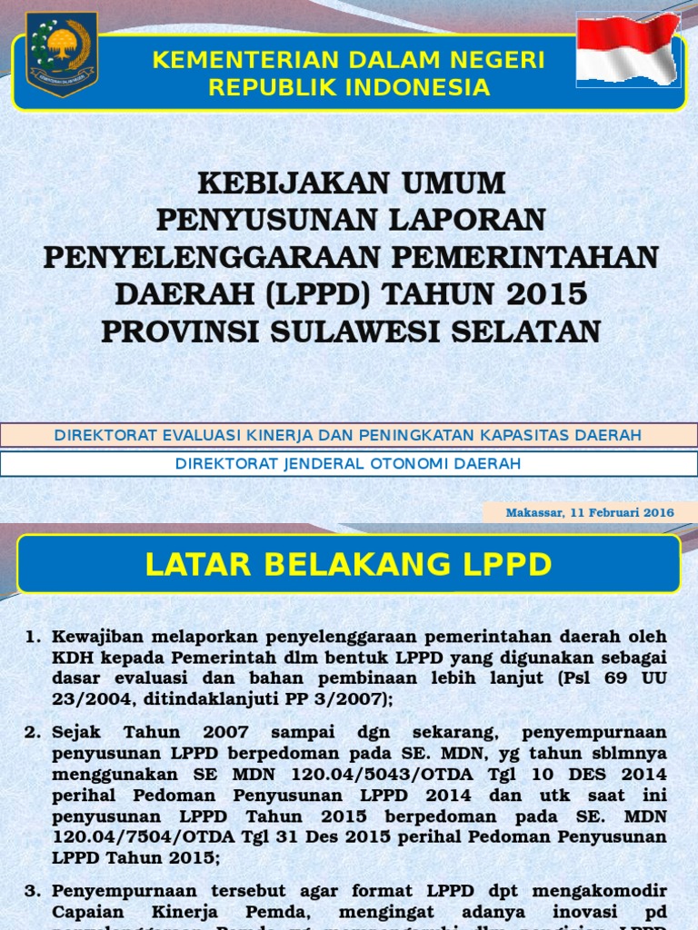 Paparan Kebijakan Umum Penyusunan LPPD Provinsi Tahun 2015 (Sulsel) | PDF