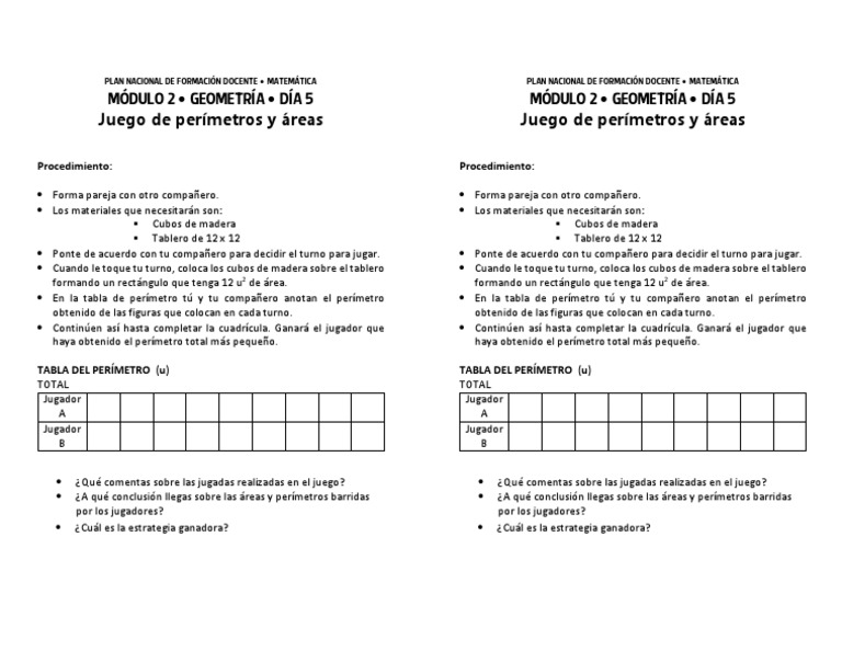Reglas Juego Áreas y Perímetros Una Por Persona Cortar A La Mitad | PDF ...