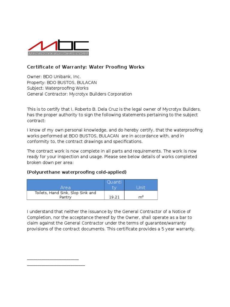Cert of Waterproofing | PDF