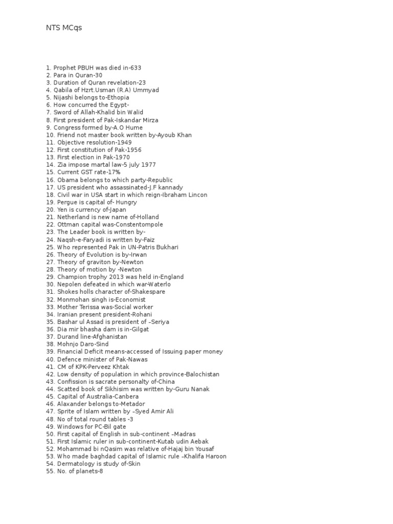 Nts Mcqs | PDF | Zulfikar Ali Bhutto | Pakistan